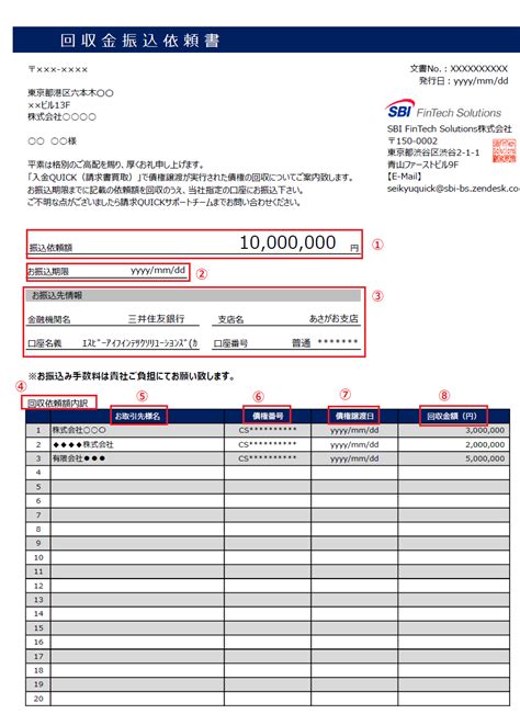【入金quick（請求書の買取）】回収金振込依頼書の見方について 請求quick お客様サポート Top