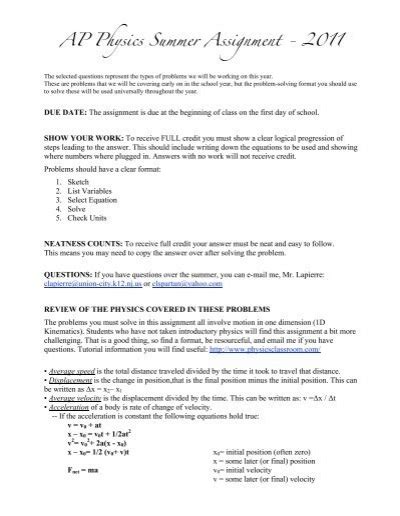 AP Physics Summer Assignment Union City High Babe