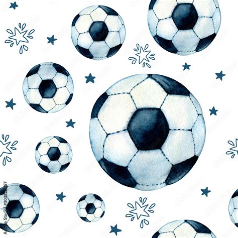 Seamless Pattern With Flying Soccer Balls And Stars Isolated On White Background Hand Drawn