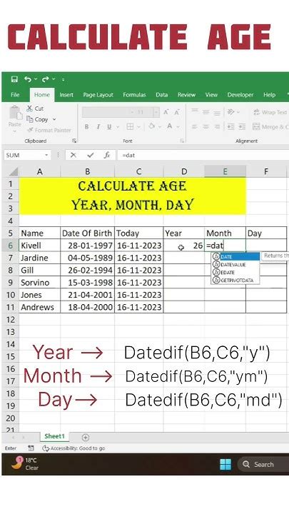 How To Calculate Age In Excel Excel Age Kaise Calculate Kareage Calculate In Excel Shorts
