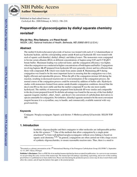 Pdf Preparation Of Glycoconjugates By Dialkyl Squarate Chemistry