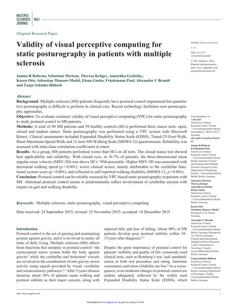 Pdf Kinect Based Analysis Of Posture Gait And Coordination In Multiple Sclerosis Patients