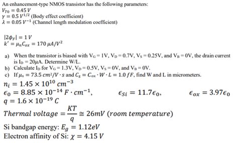 Solved An Enhancement Type Nmos Transistor Has The Following