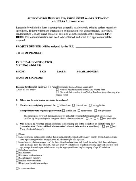 Fillable Online Application For Research Requesting An Irb Waiver Of Consent And Hipaa
