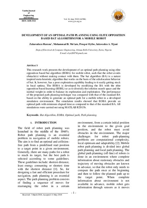 Pdf Development Of An Optimal Path Planning Using Elite Opposition Based Bat Algorithm For A