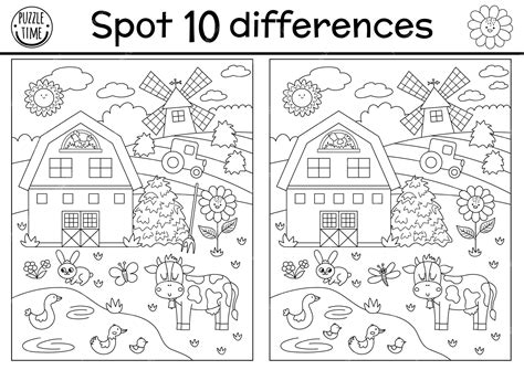 Premium Vector On The Farm Black And White Find Differences Game For