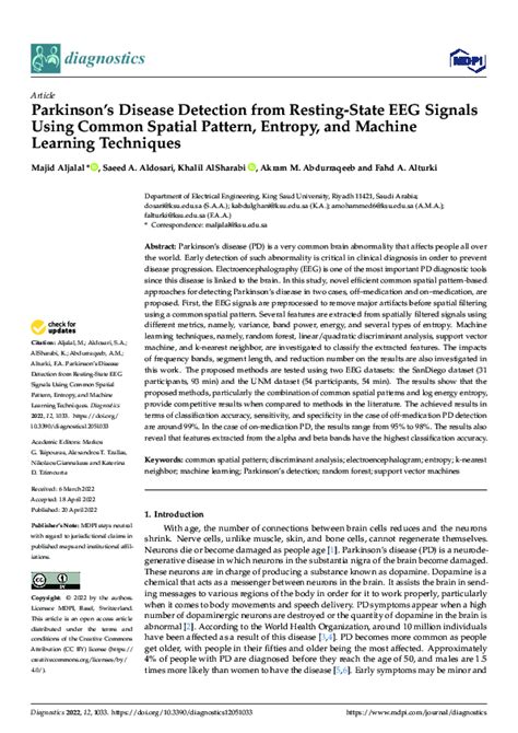 Pdf Parkinsons Disease Detection From Resting State Eeg Signals