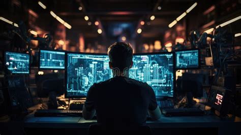 Back View Of Programmer In A Dark Office With Blue Neon Light Stock