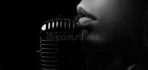 Karaoke Closeup Lip With Vintage Microphone Sensual Woman Singer Concert Singing Stock Photo