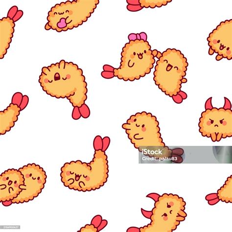 재미있는 튀김 새우 캐릭터 원활한 패턴 귀여운 만화 일본 음식 손으로 그린 스타일입니다 벡터 그리기 장식품을 디자인하십시오 가공의 인물에 대한 스톡 벡터 아트 및 기타