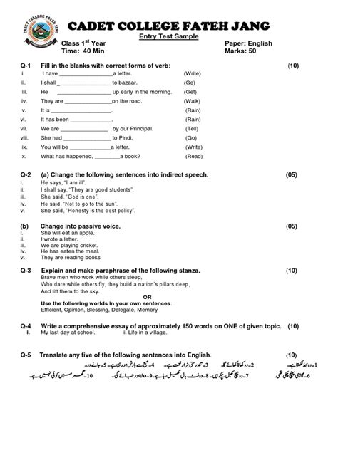 Cadet College Entry Test Past Papers For Class 11 Pdf Pdf Chemistry