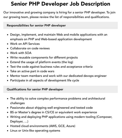 Senior Php Developer Job Description Velvet Jobs