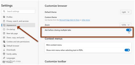 how to make microsoft edge ask before closing multiple tabs