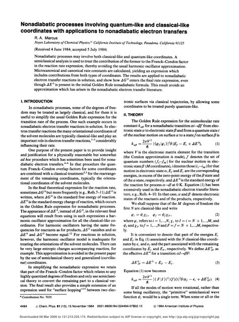 Pdf Nonadiabatic Processes Involving Quantum‐like And Classical‐like Coordinates With
