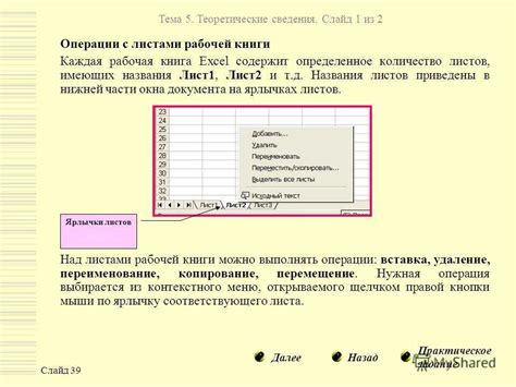 Электронная таблица и рабочая книга в Excel операции с листом рабочей книги Excel