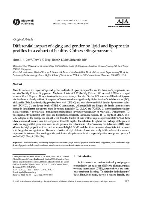 Pdf Differential Impact Of Aging And Gender On Lipid And Lipoprotein Profiles In A Cohort Of