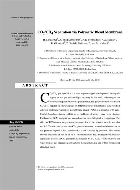 Pdf Co2 Ch4 Separation Via Polymeric Blend Membrane