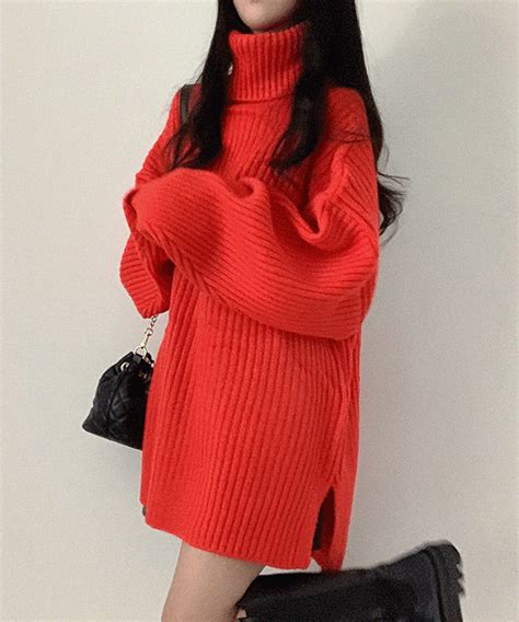 투게더위드미 블프 세일💣 왕왕오버핏💖 목폴라 옆트임 겨울 긴팔 롱니트 미니 원피스 44~77 빅사이즈 레드오렌지 네이비 브라운 핑크 소라 아이보리 연말룩 크리스마스