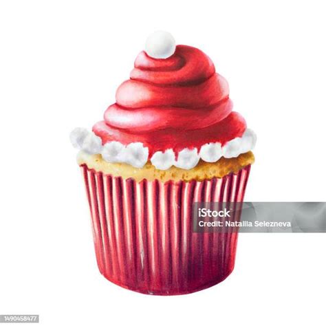크림을 곁들인 수채화 크리스마스 달콤한 머핀 새해 손으로 빨간 컵케이크를 하얀 배경에 분리했다 디자이너 음식 장식 메뉴 상점 엽서 포장지 표지 포스터 및 직물용 0명에 대한