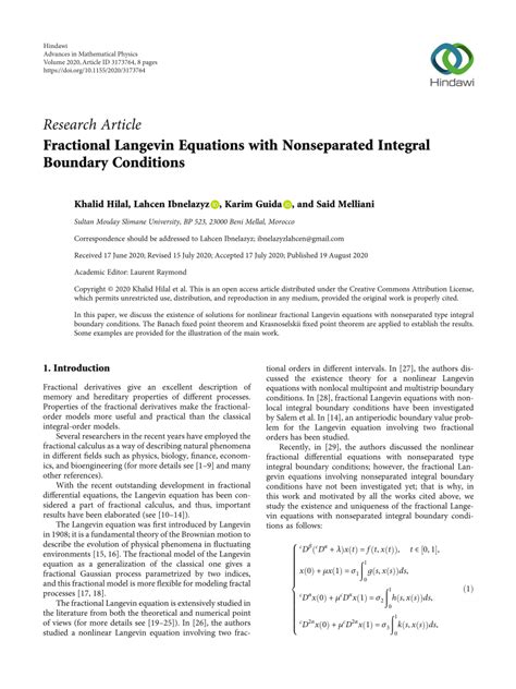 Pdf Fractional Langevin Equations With Nonseparated Integral Boundary Conditions