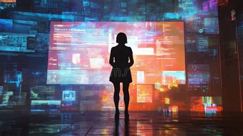 Woman Standing In Front Of A Digital Screen Displaying Colorful