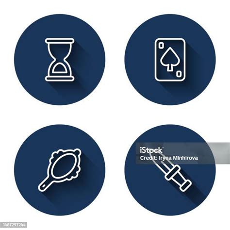 세트 라인 오래된 모래 시계 카드 놀이 매직 손 거울 및 긴 그림자가있는 단검 파란색 원 버튼입니다 벡터 개인 장식품에 대한 스톡 벡터 아트 및 기타 이미지 Istock