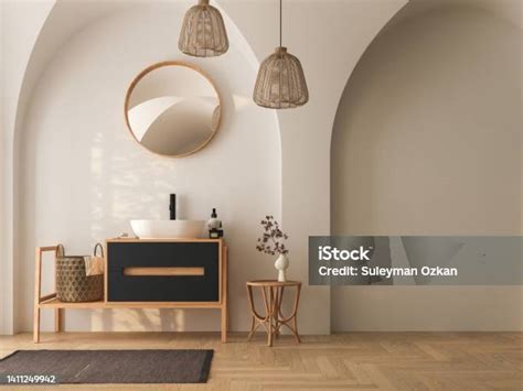 하얀 벽 나무 바닥 건조한 식물이있는 현대적인 욕실의 인테리어 화장실 건축물에 대한 스톡 사진 및 기타 이미지 화장실 건축물 빨래건조기 실내 장식 Istock