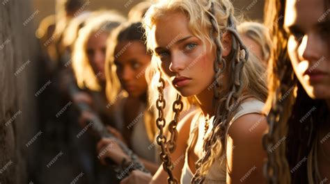 Premium Photo | Beautiful girls hostages captives slaves in shackles and chains work as slaves ...