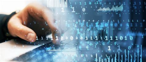 hand typing on a laptop keyboard with digital binary code and data