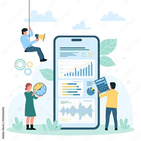 Digital Data Analysis Vector Illustration Cartoon Tiny People Monitor Finance Graphs And Charts