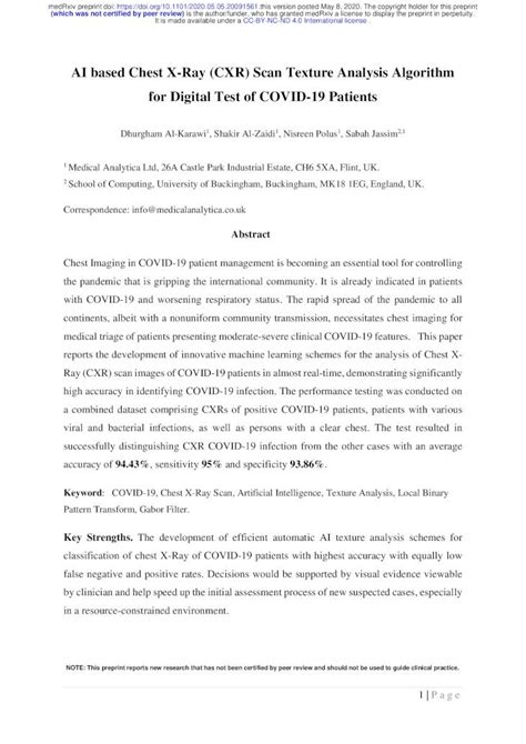 PDF AI Based Chest X Ray CXR Scan Texture Analysis Algorithm 05 05 2020 AI Based