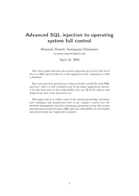 Advanced Sql Injection To Operating System Full Control Whitepaper Pdf