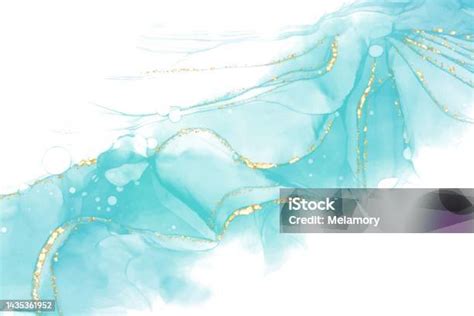 파스텔 시안 민트 액체 대리석 수채화 배경과 골드 라인과 브러시 얼룩 청록색 청록색 대리석 알코올 잉크 그리기 효과 벡터