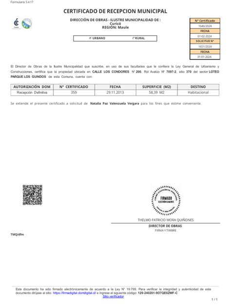 Certificado De Recepción Municipal Curicó Pdf