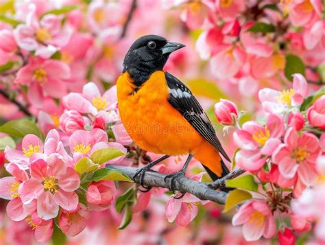 Baltimore Oriole On Apple Blossom Branch Stock Illustration