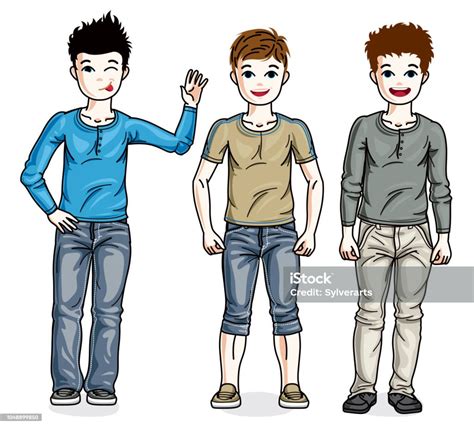 귀여운 어린 소년 아 세련 된 캐주얼 옷을 입고 서 있는 벡터는 일러스트 세트 아이 유년기와 가족 생활 클립 아트입니다 T 셔츠에 대한 스톡 벡터 아트 및 기타 이미지