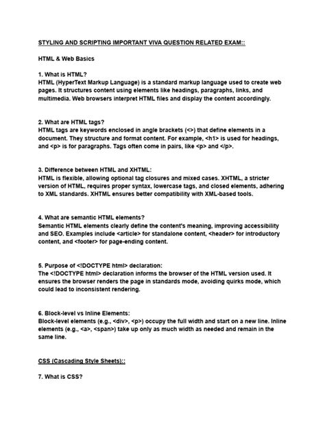 Styling And Scripting Important Viva Question Related Exam Pdf Html Html Element