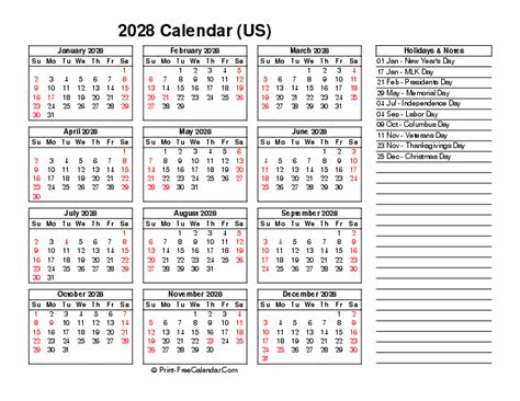 2028 Usa Calendars With Holidays In Pdf Word Excel