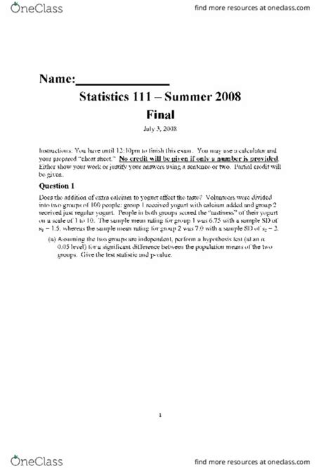 Stat 111 Final Final Exam Oneclass