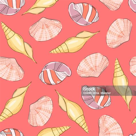 장식적인 다양한 조개껍데기가 있는 사랑스러운 아름다운 이음매 없는 패턴 밝은 분홍색 배경에 조개 무늬 귀여운에 대한 스톡 벡터 아트 및 기타 이미지 Istock