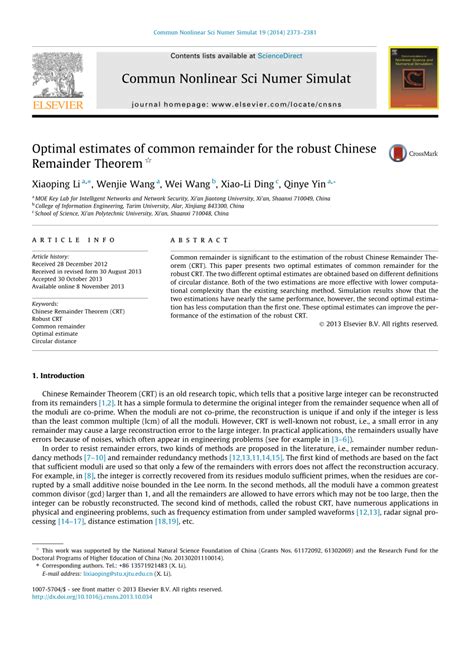Pdf Optimal Estimates Of Common Remainder For The Robust Chinese