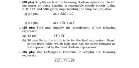 Solved 2. (30 pts) Simplify each of the following Boolean | Chegg.com