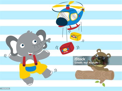 코끼리와 곰을 위해 사탕 두 상자를 떨어뜨리는 헬리콥터 벡터 만화 그림 T 셔츠에 대한 스톡 벡터 아트 및 기타 이미지 T