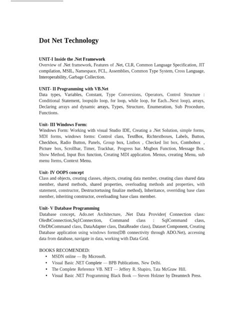 Dot Net Technology Syllabus Pdf