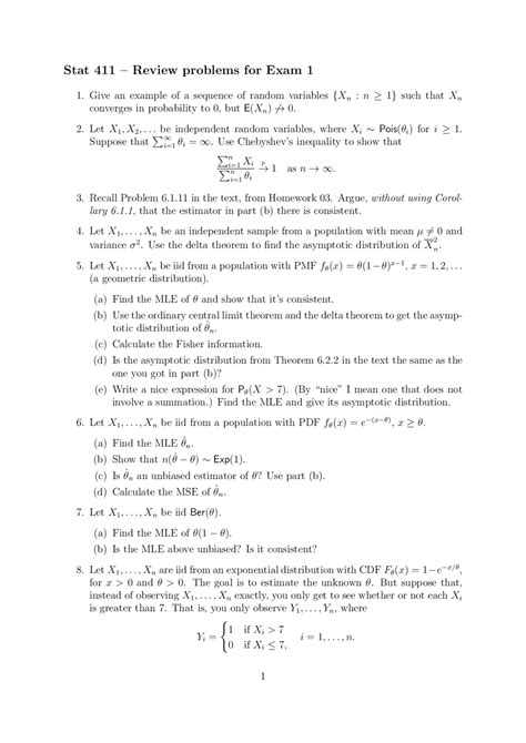 Review Problems For Exam 1 Statistical Theory Stat 411 Docsity