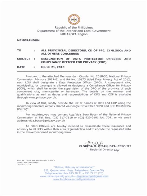 Memo Designation Of Data Protection Officers And Cop Information Privacy Regulatory Compliance