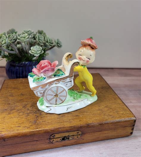 Rare Napco Pixie Figurine Pixie With Rose Flower Cart Month Of June Ceramic Vintage Etsy