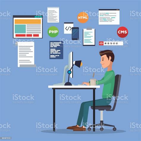color scene background with web developer man in desk programming