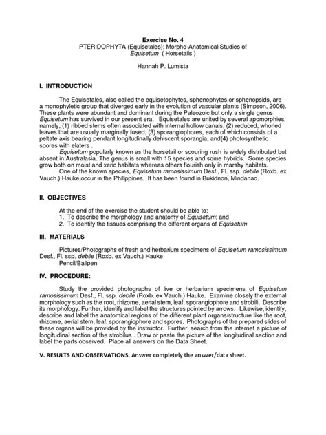 Exercise No 4 Pteridophyta Equisetum New Pdf Plant Stem Leaf