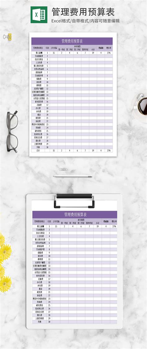 紫色管理费用预算表excel模板 完美办公